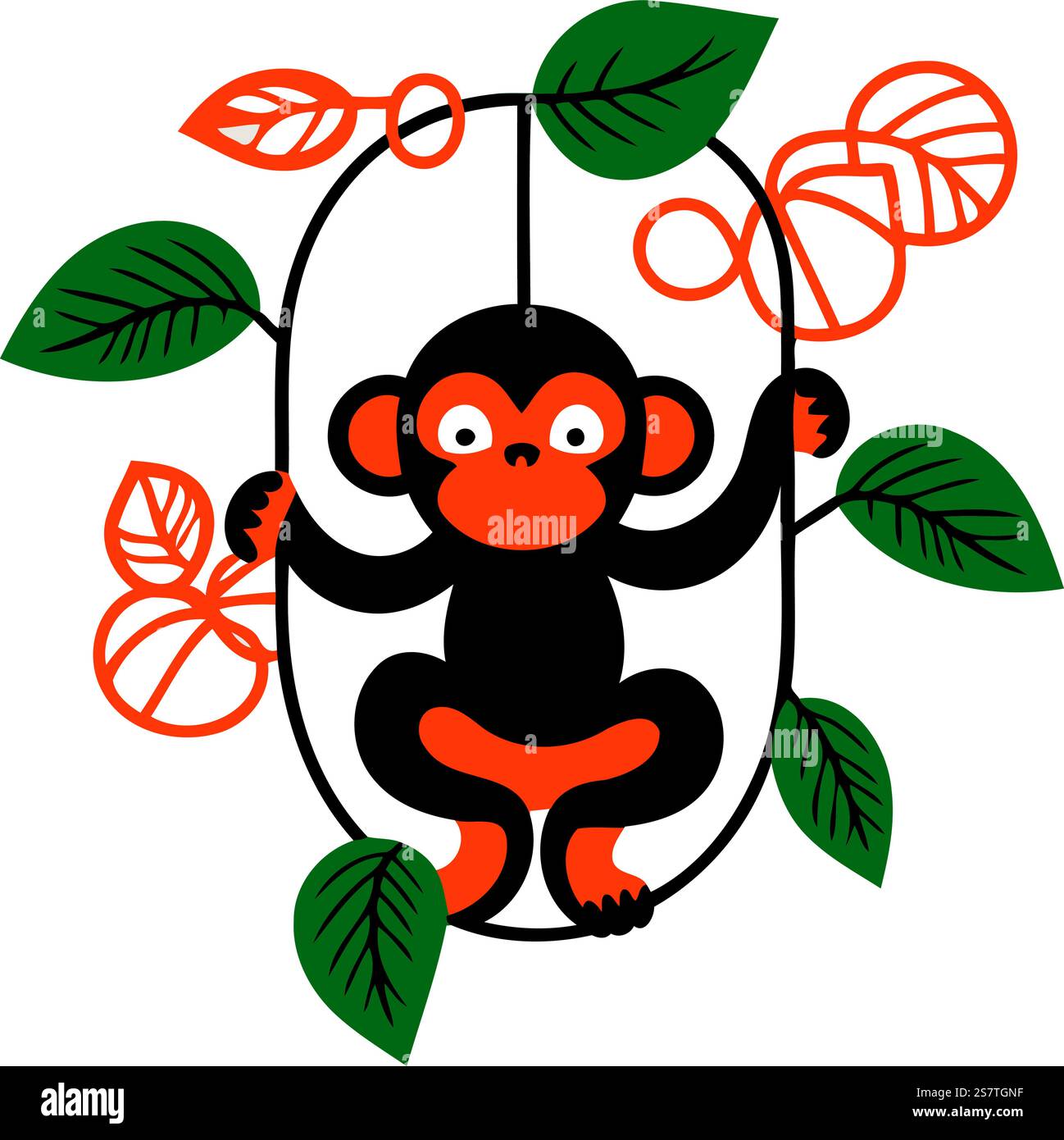 Cute cartoon monkey sitting on a swing with leaves. Vector illustration ...