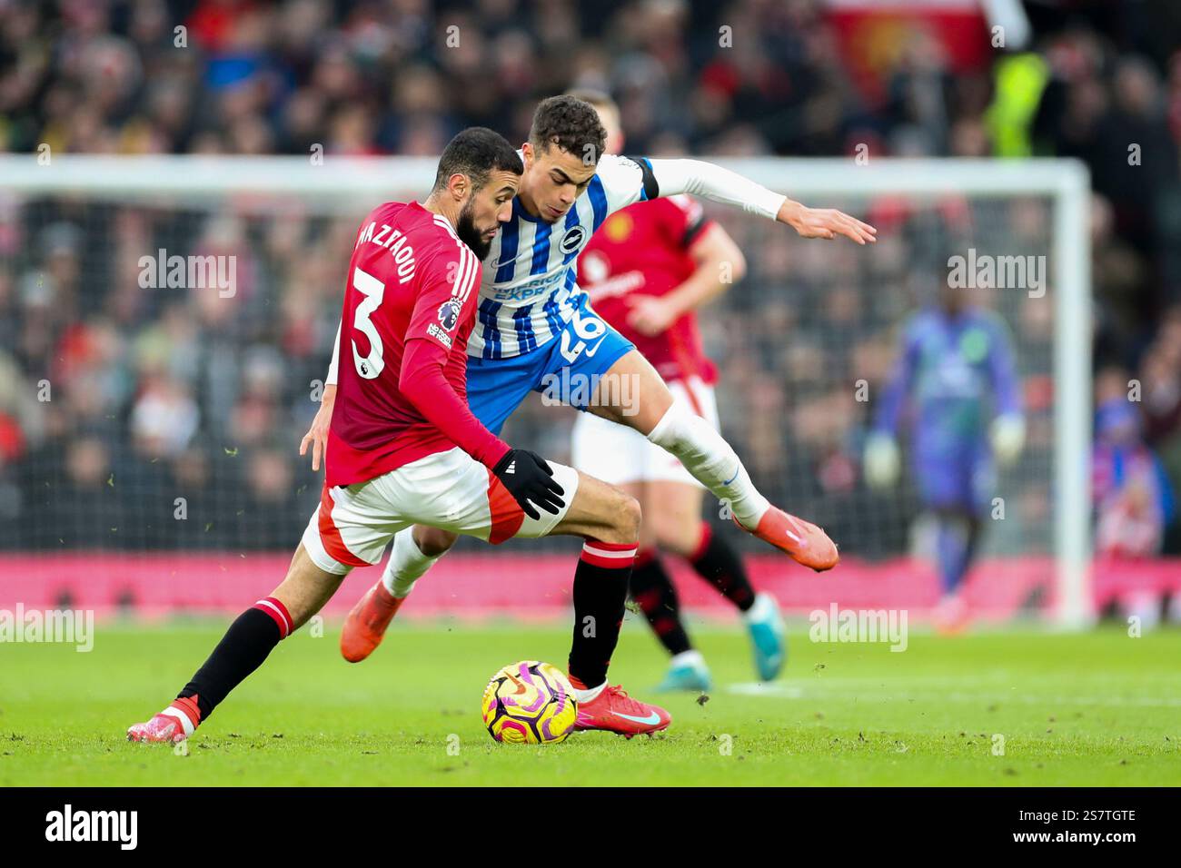 Manchester United defender Noussair Mazroui (3) battles with Brighton ...