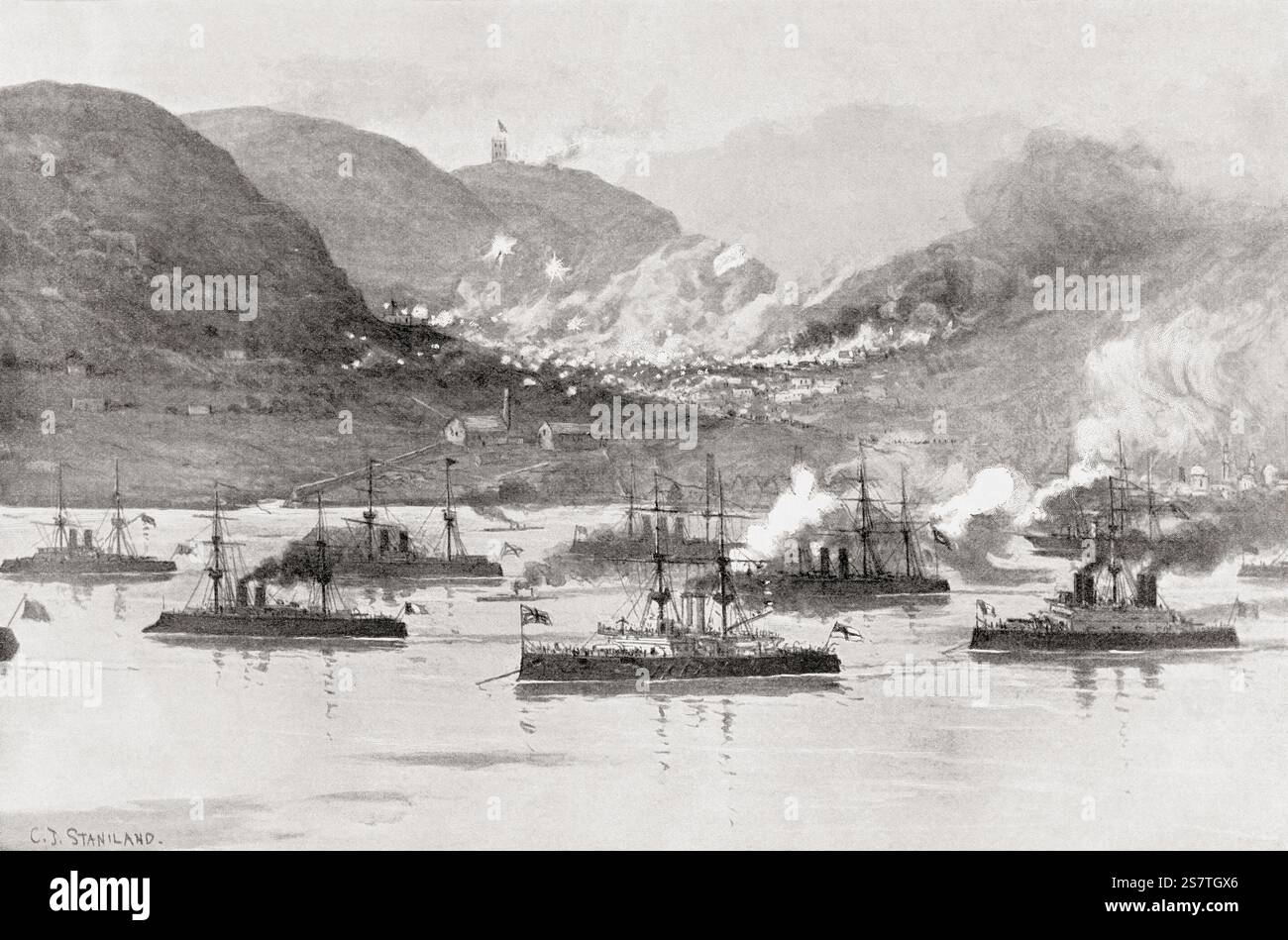 A skirmish between insurgents and Turkish troops on the hill above ...