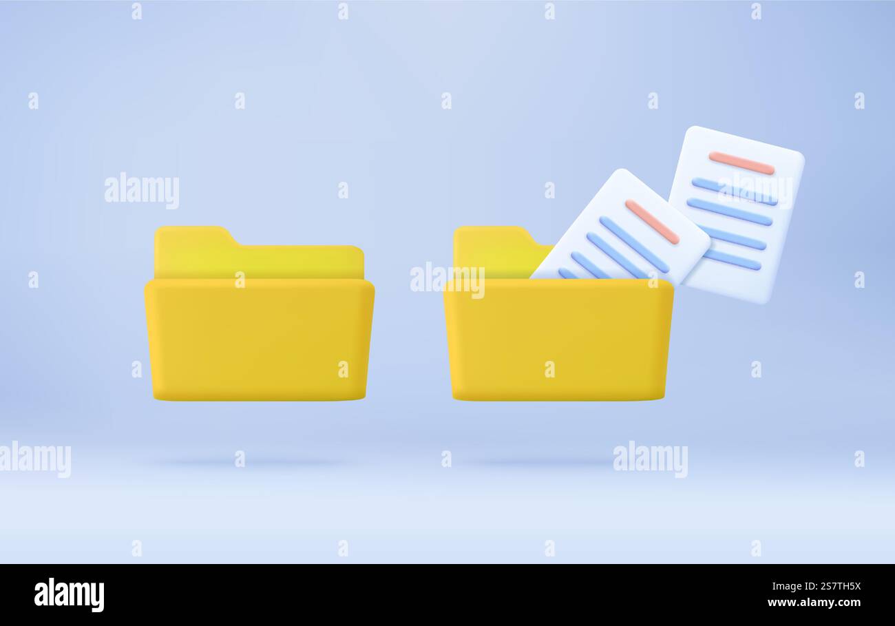yellow computer folder with flying blank documents. minimal design ...