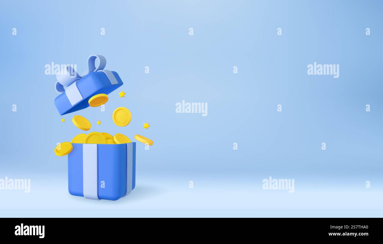 3D open gift box surprise with gold coins. loyalty program and get ...