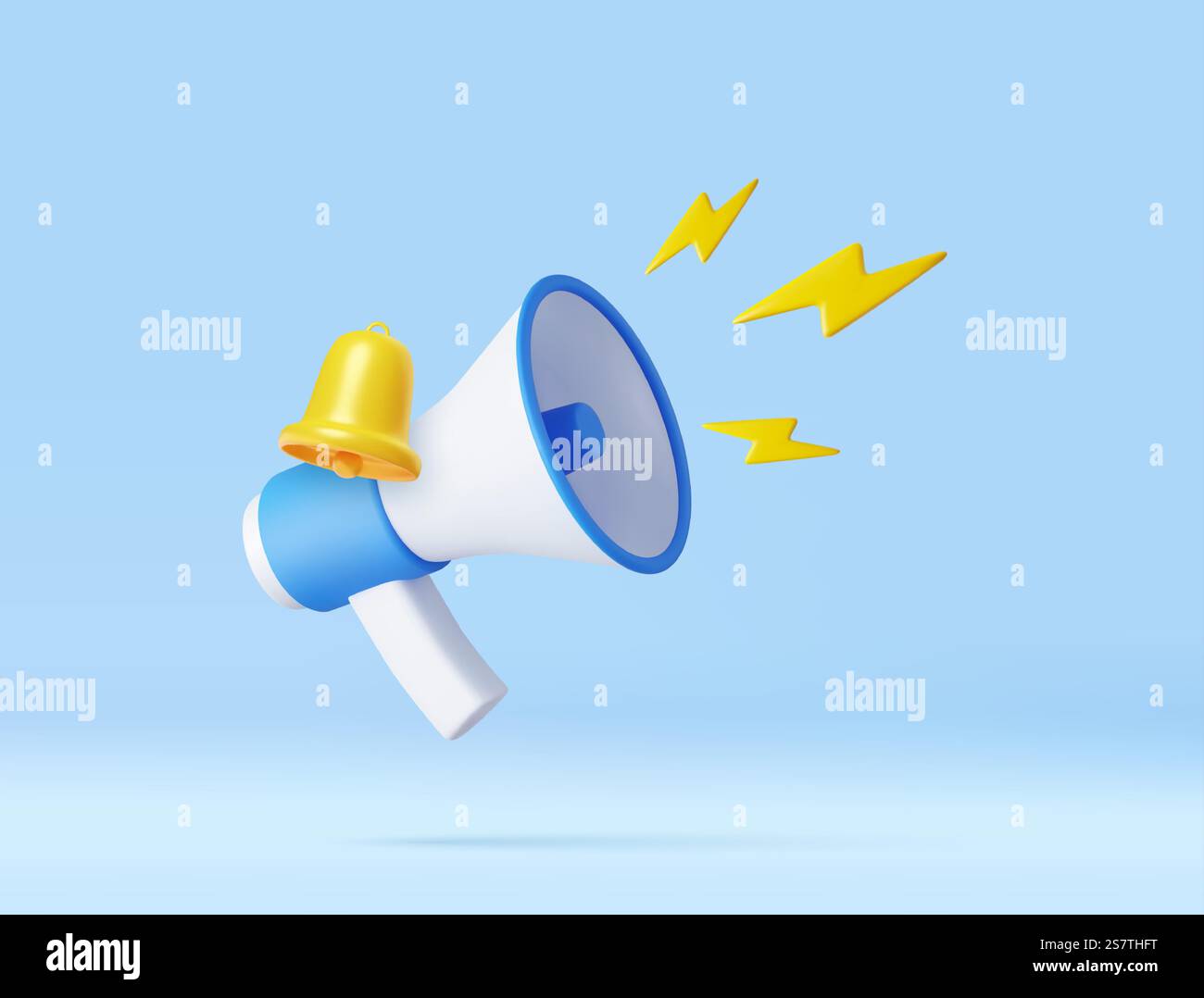 3d megaphone, loudspeaker with lightning. Marketing time concept ...