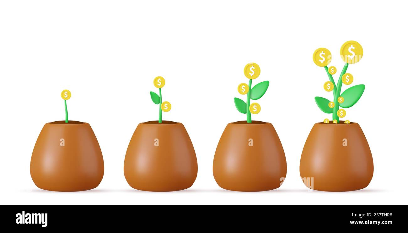 3d Growing money tree. Stages of growing. Gold coins on branches ...