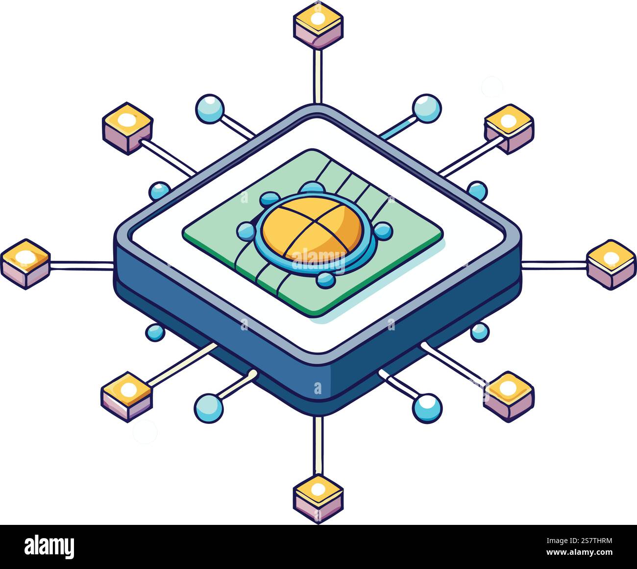 Futuristic illustration of a glowing quantum computing chip connected to nodes representing ...