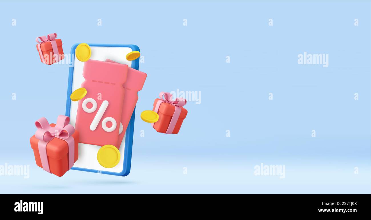 3D render price tag with percentage sign with floating coins. Shopping ...