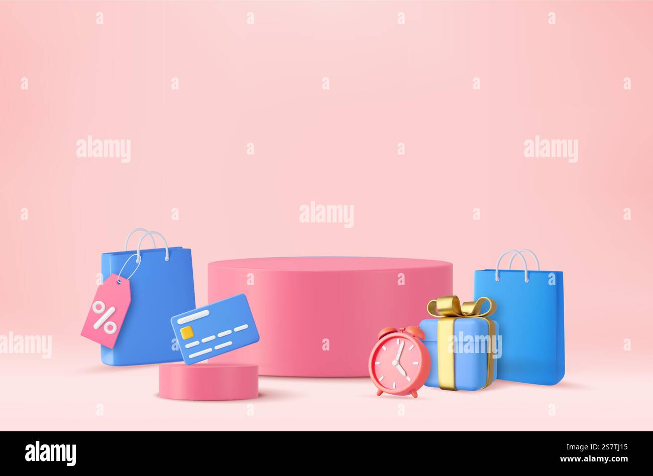 3d sale theme product display background with empty round podium, clock ...