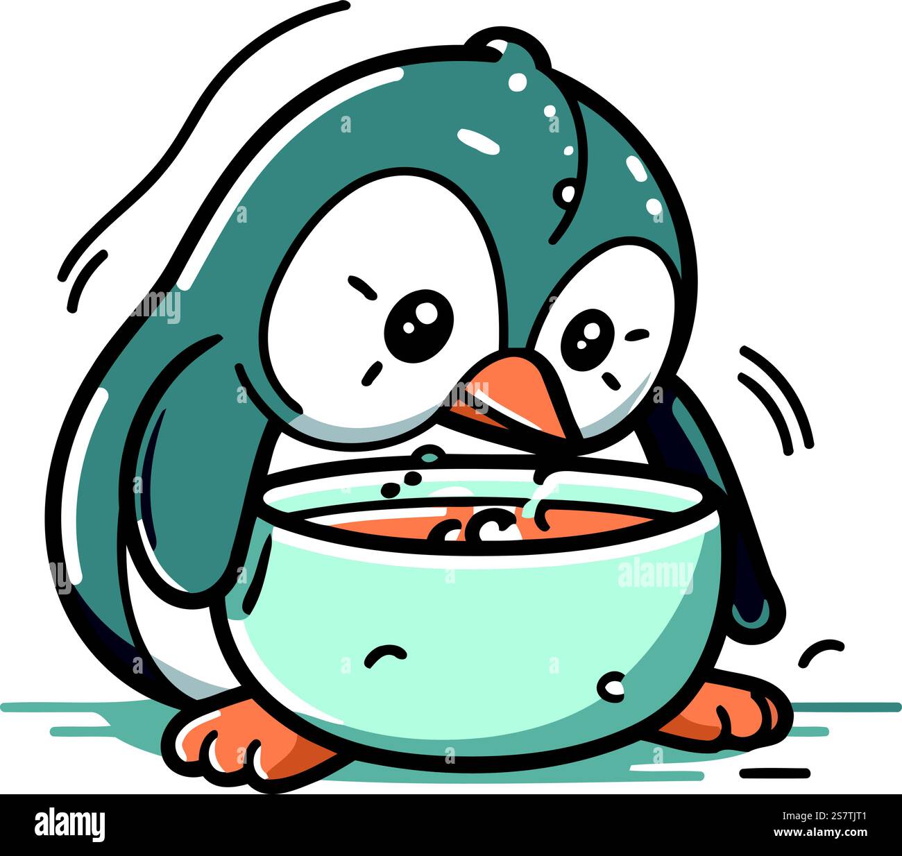 Cute penguin eating from a bowl. Vector cartoon illustration Stock ...