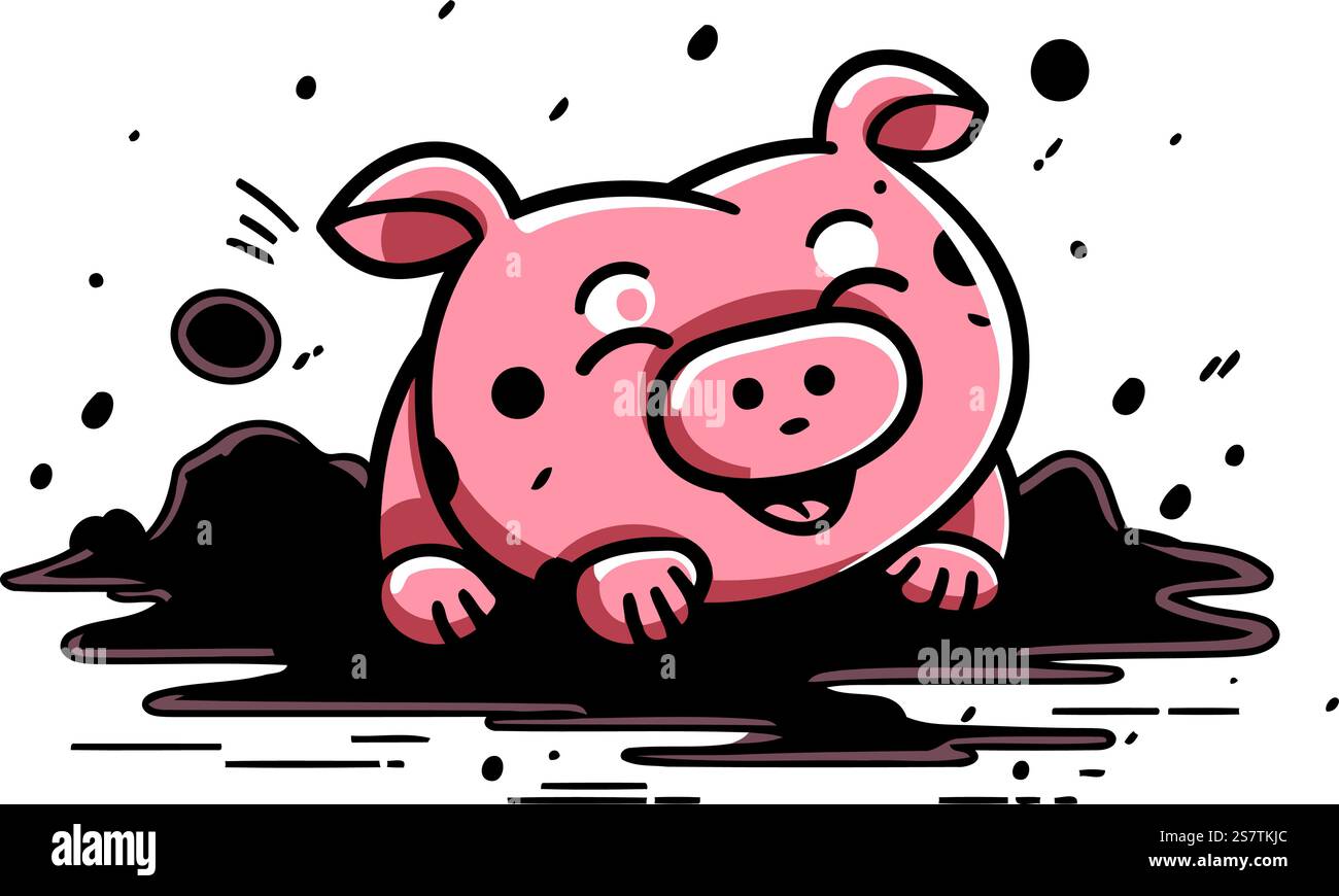 Cute cartoon pig in mud. Vector illustration isolated on white ...