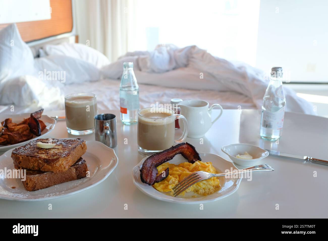 Luxury Hotel Room Service Breakfast with Bed in Background Stock Photo ...
