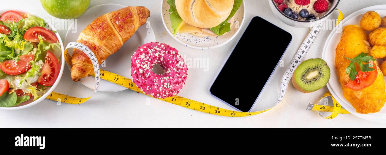 Calorie Calculator diet background with healthy and unhealthy foods ...