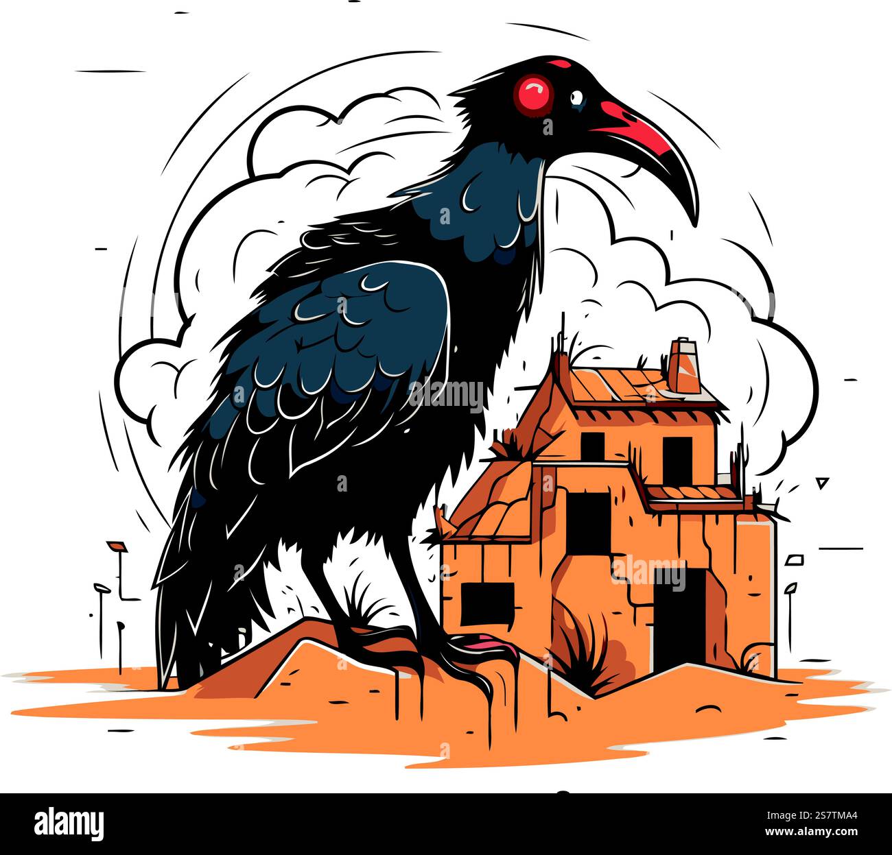 Vector illustration of a crow in front of a destroyed old house Stock ...