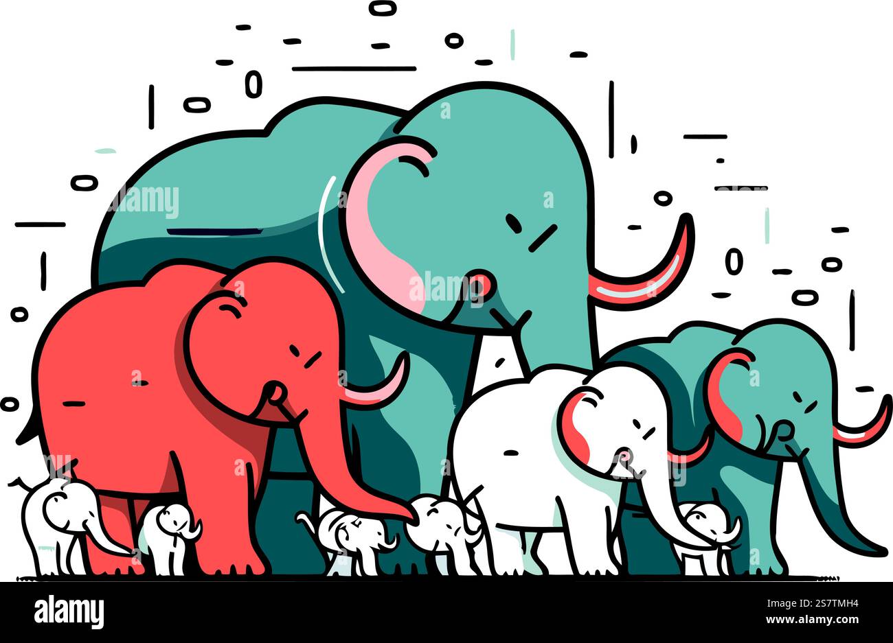 Cute cartoon elephant family. Vector illustration in thin line style ...