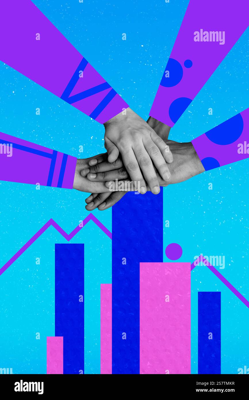 Vertical photo collage of business people hands high five gesture ...