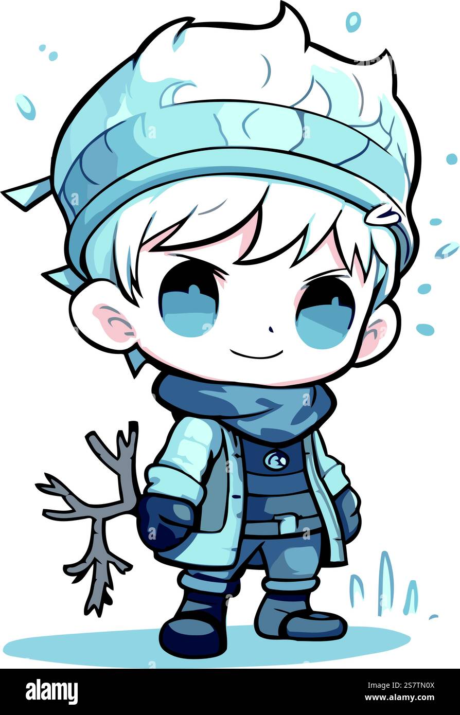 cute boy in winter clothes with snow and ice. vector illustration Stock ...