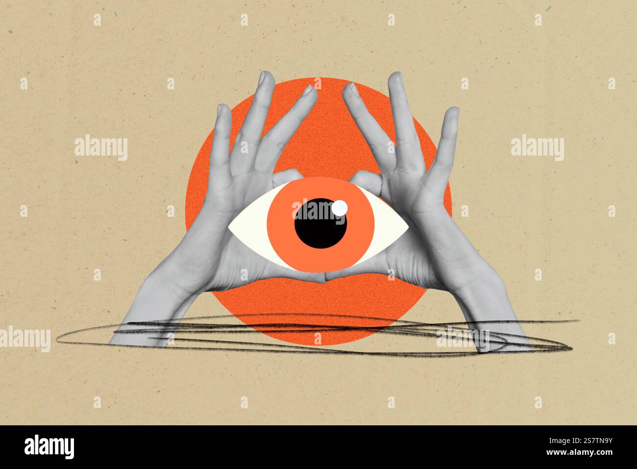 Creative retro 3d magazine collage image of hands show human eyeball ...