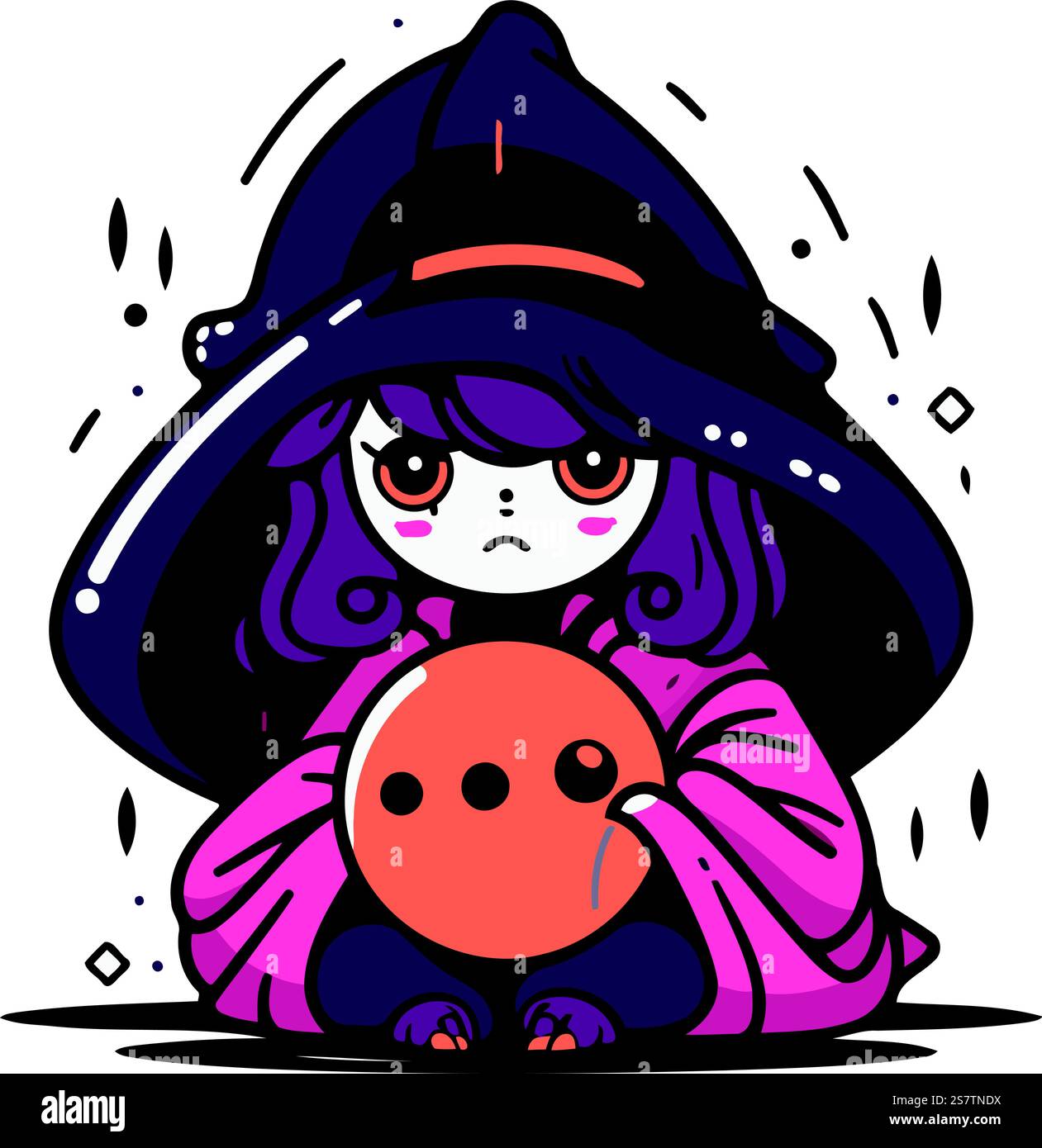 Cute little witch with a ball in her hands. Vector illustration Stock ...