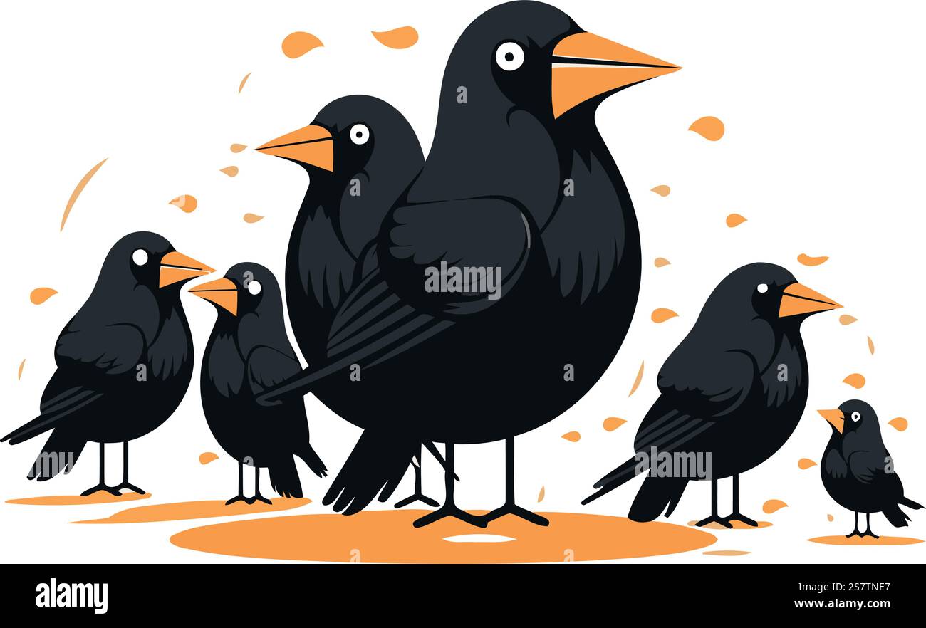 Crow family. Vector illustration of a group of black birds sitting on ...