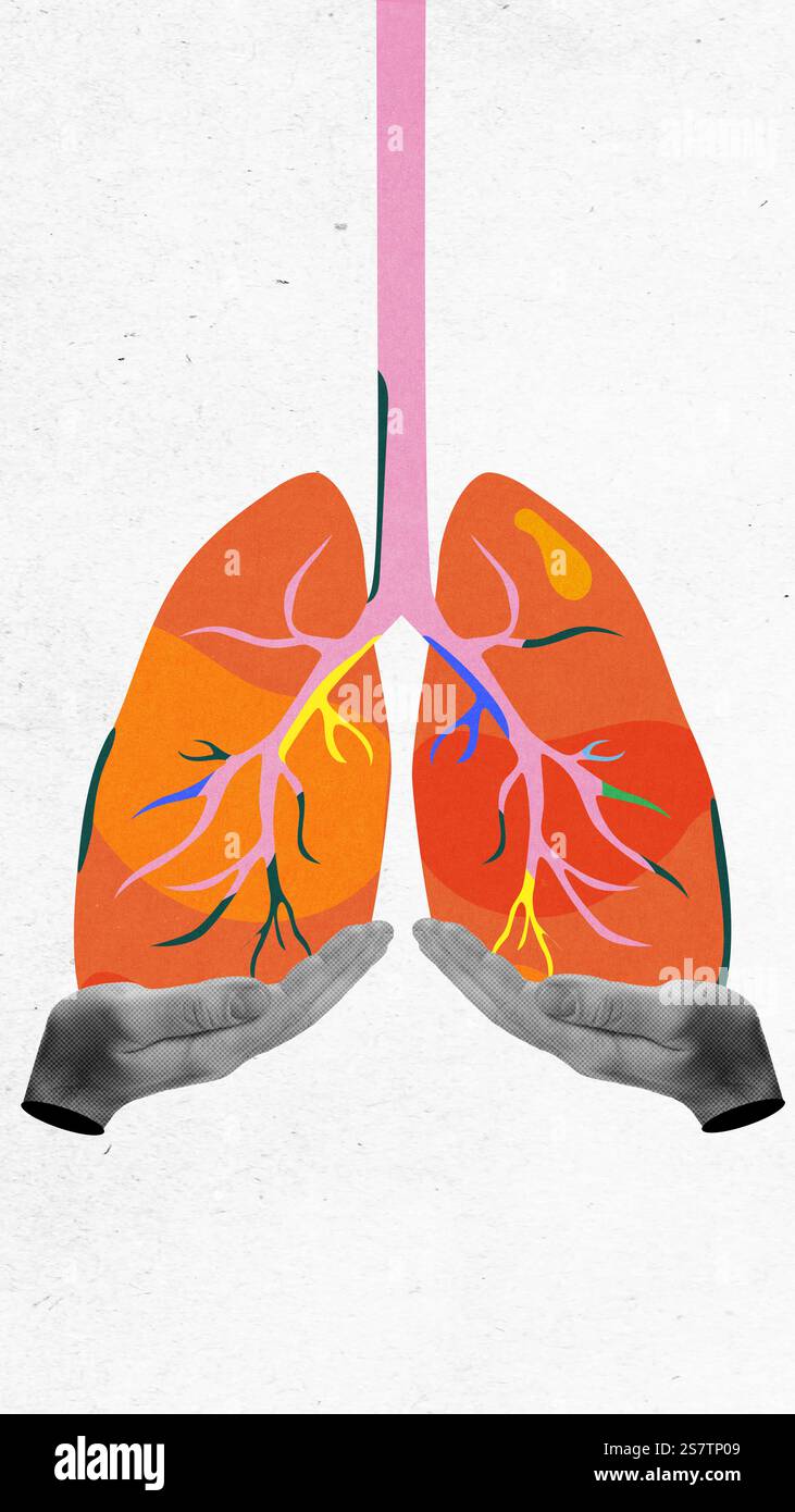 Creative medical illustration of lungs with vibrant colors, supported ...