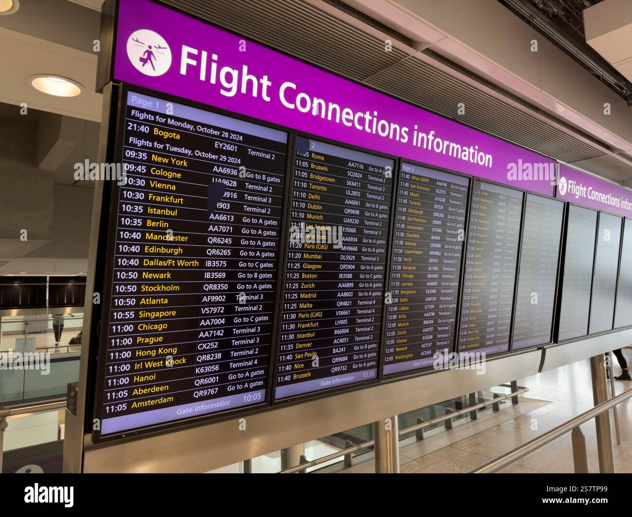 The flight connections information screen at Heathrow Airport, London ...