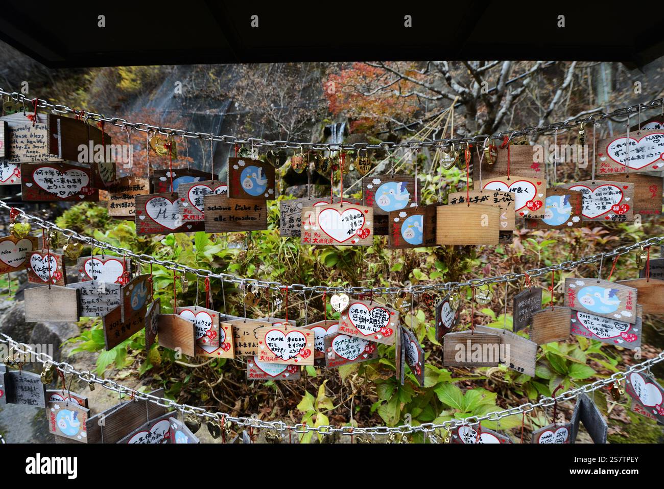 Ema wooden plaques hanged by a small shrine by the Hida Great Limestone ...