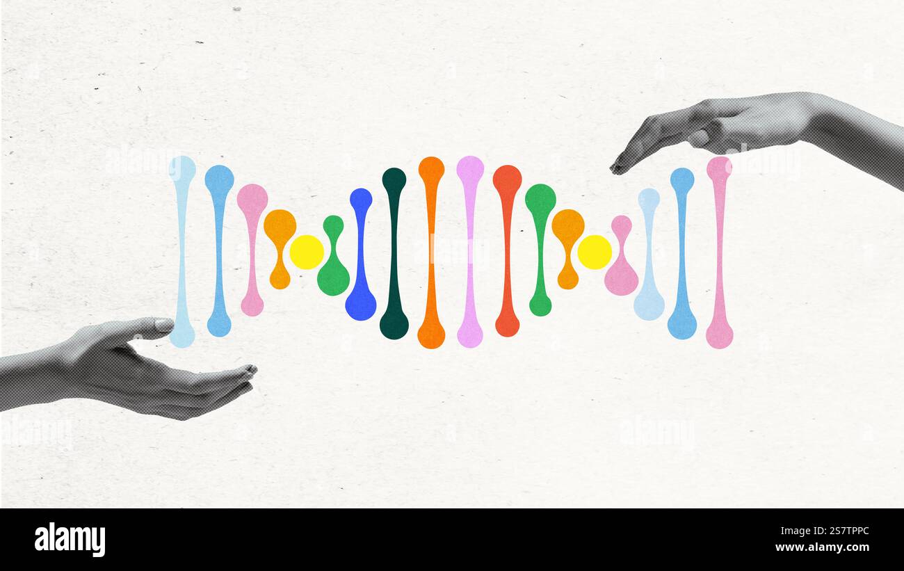 Abstract colorful DNA helix held by two hands, symbolizing genetics ...