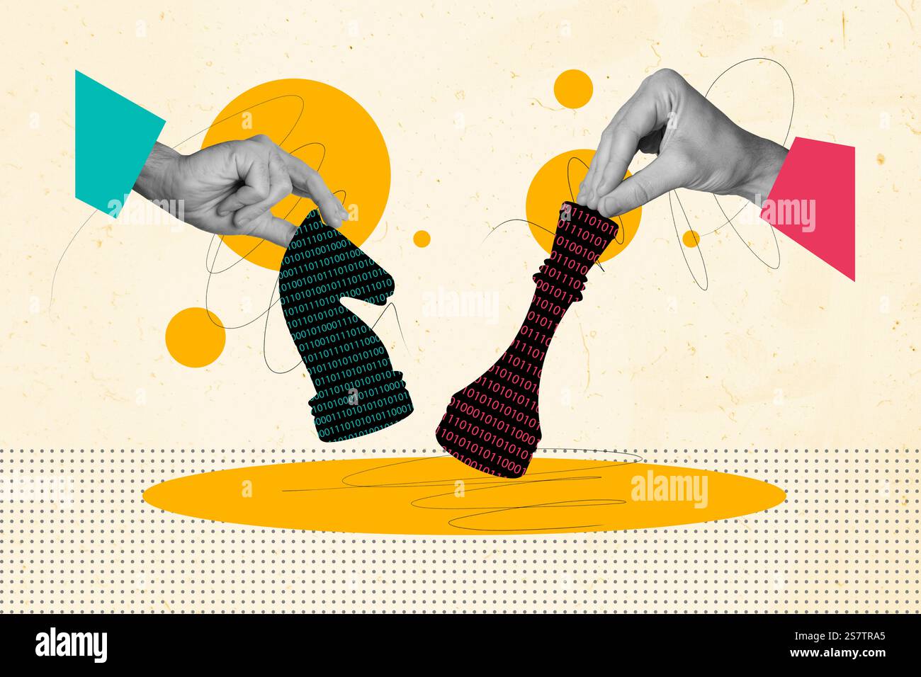 Art sketch collage of hands hold chess black figurine cyber code knight ...