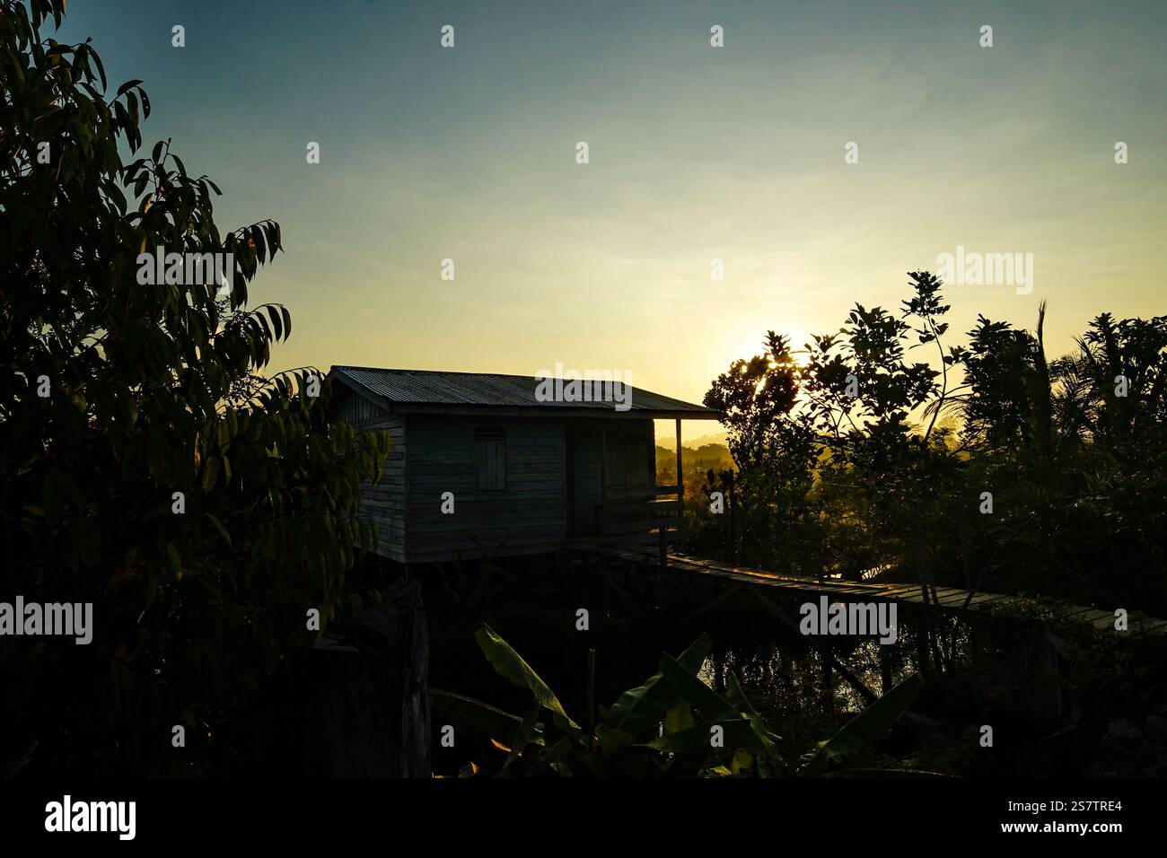 the silhouette of a traditional transmigrant house in northern ...