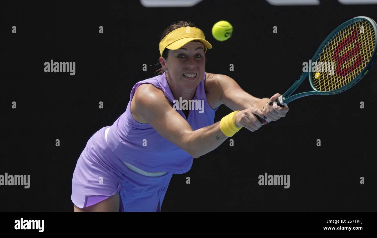 Anastasia Pavlyuchenkova of Russia returns a shot from Donna Vekic of ...