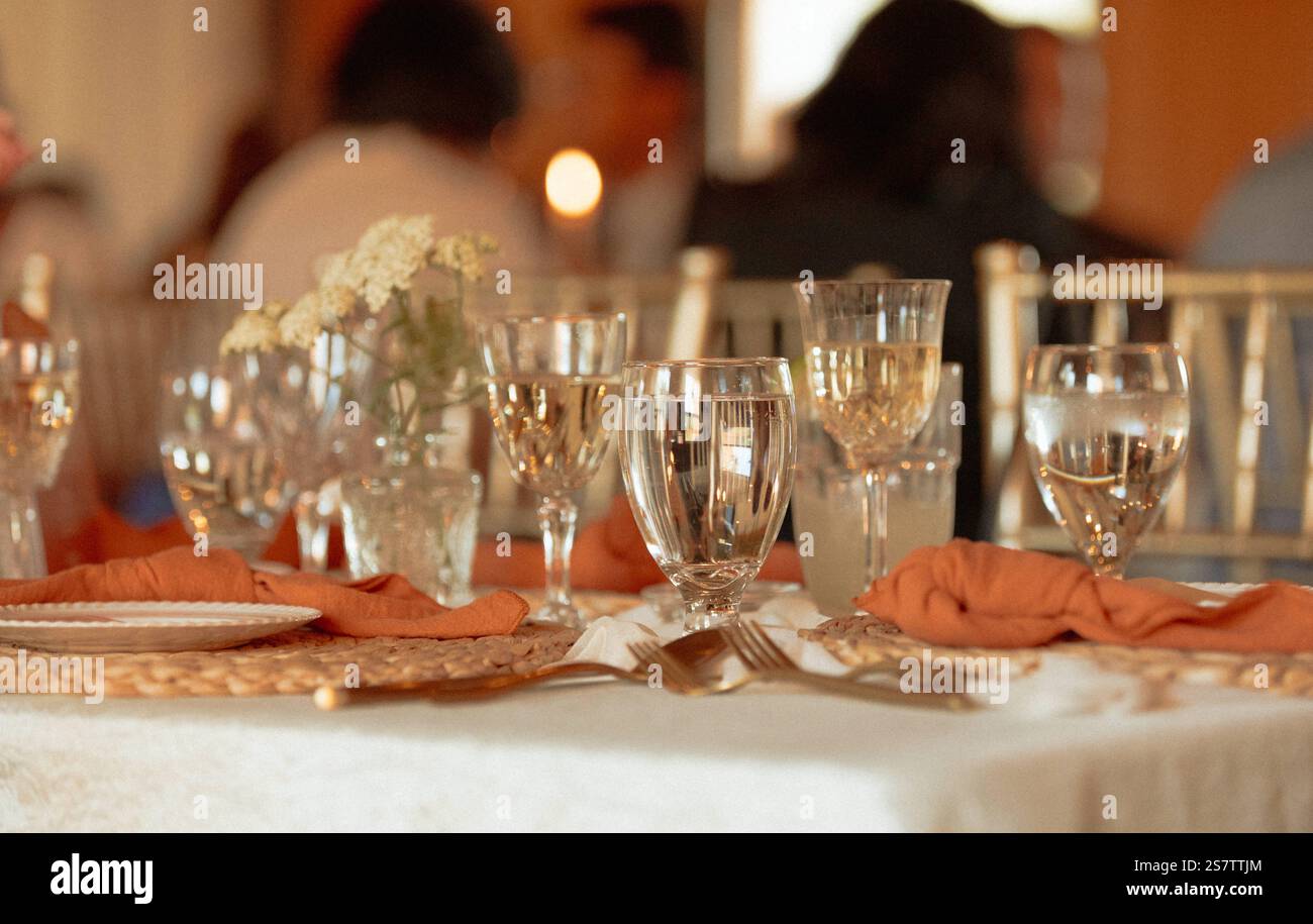 wedding reception dinner table display with fancy glasses Stock Photo ...