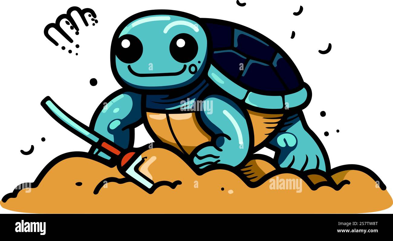 Turtle digging a hole in the ground. Vector illustration in cartoon ...