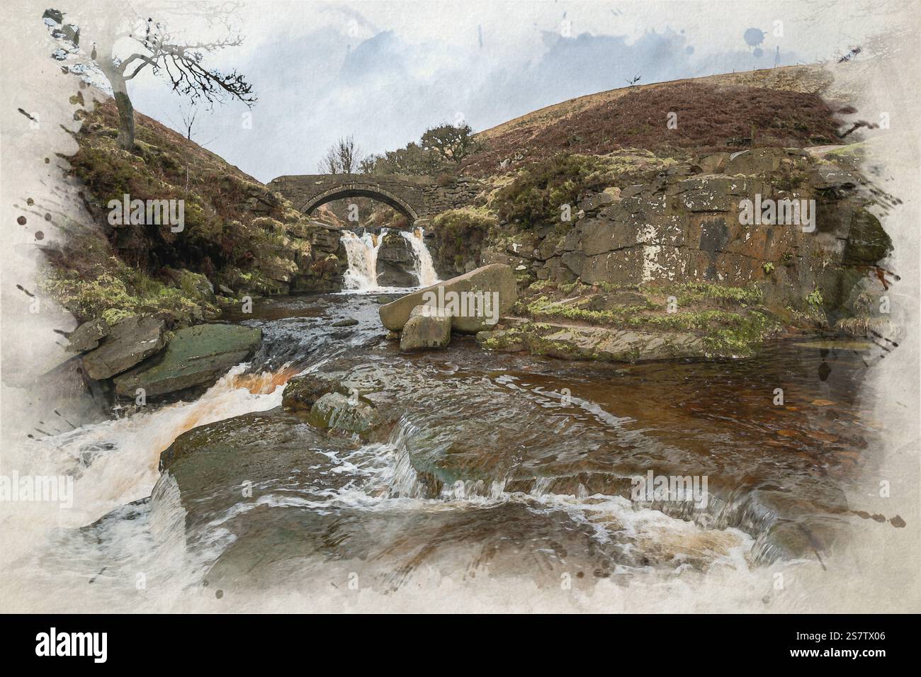 A winter watercolour digital painting of Three Shire Heads in the Peak ...
