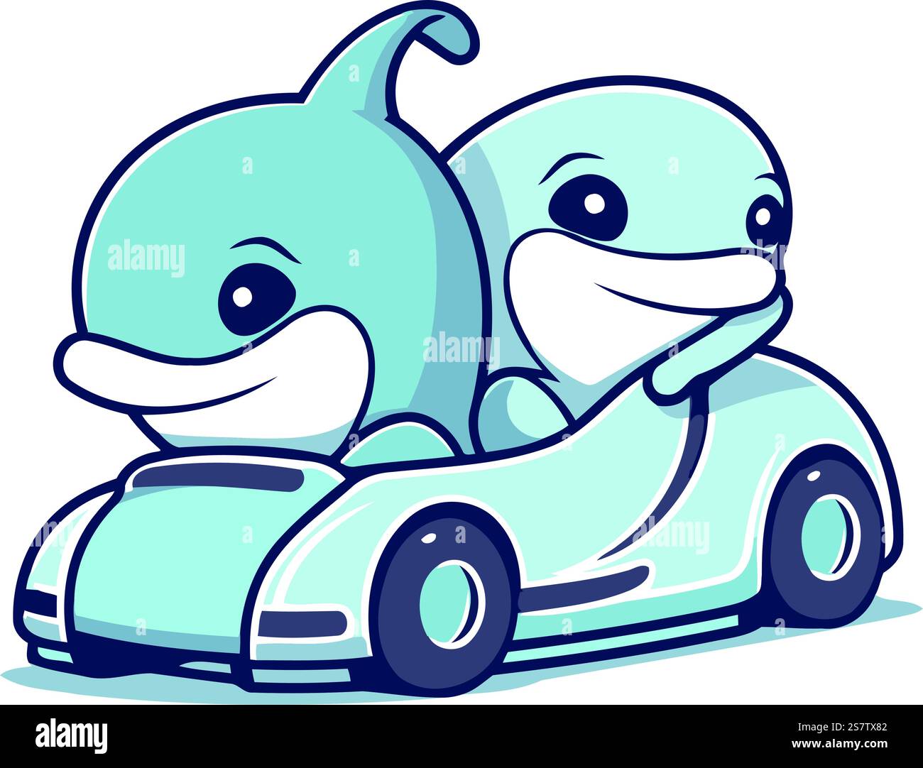 Cute cartoon couple of dolphins driving a car. Vector illustration ...