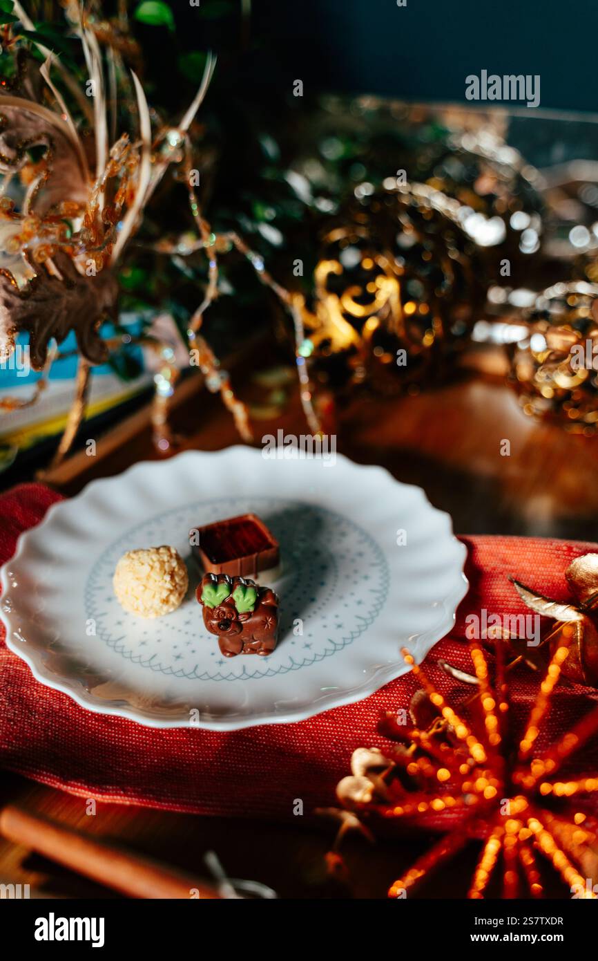 Unique dessert display featuring elegant chocolates on a decorat Stock ...