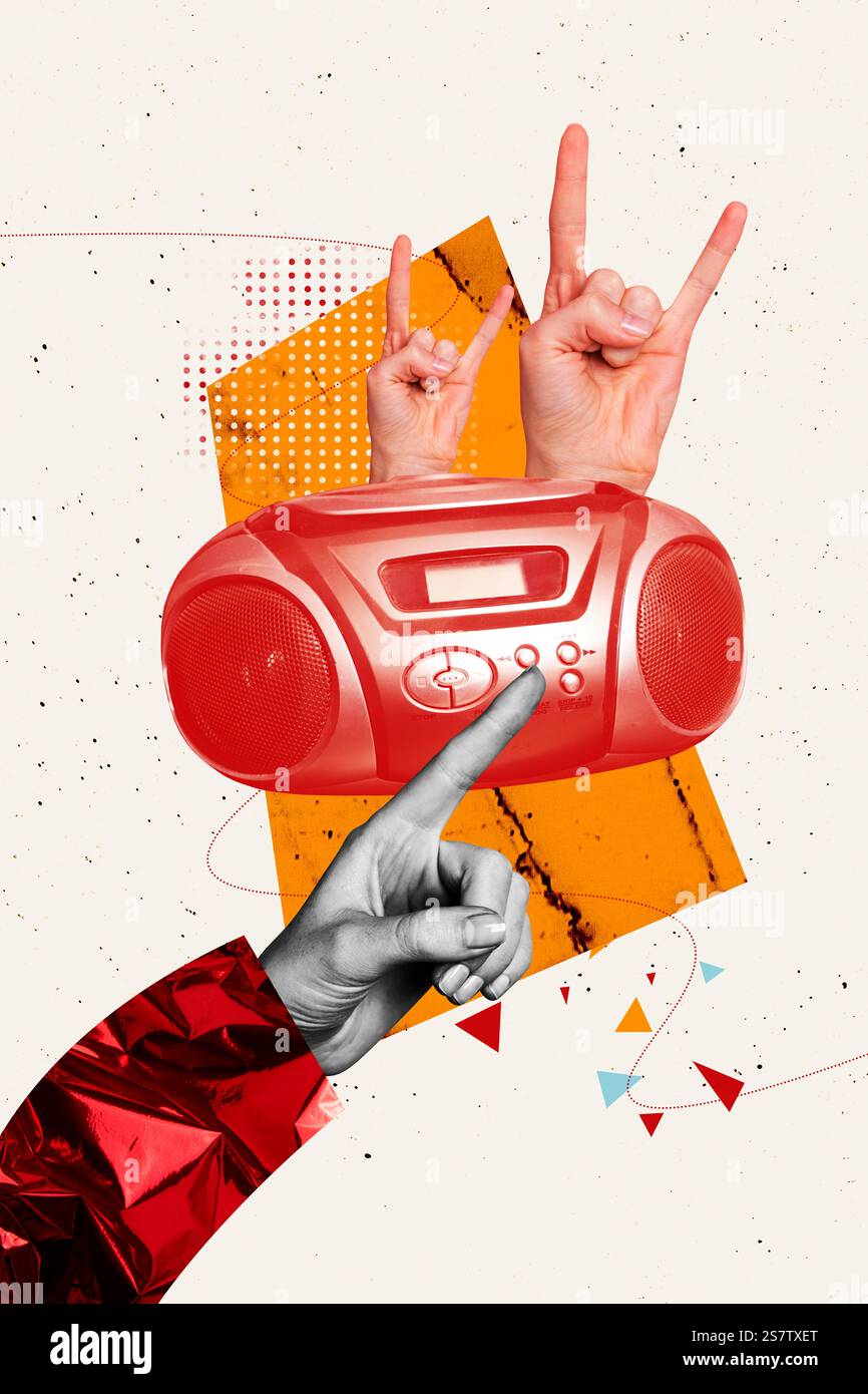 Vertical sketch 3d collage poster of hand point boombox player rock ...