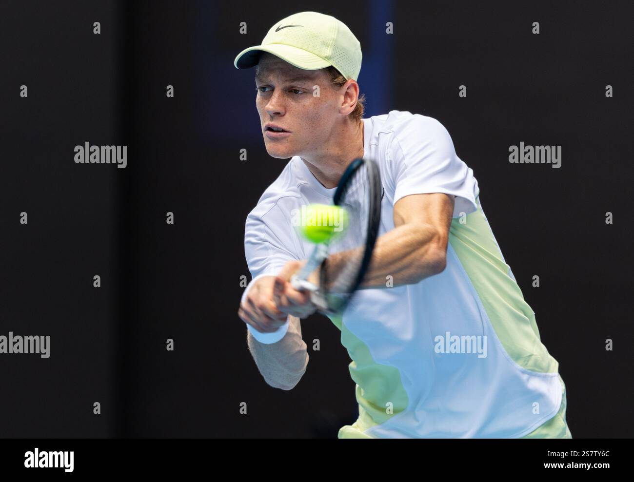 Melbourne, Australia. 20th Jan, 2025. Jannik Sinner hits a return during the men's singles 4th ...