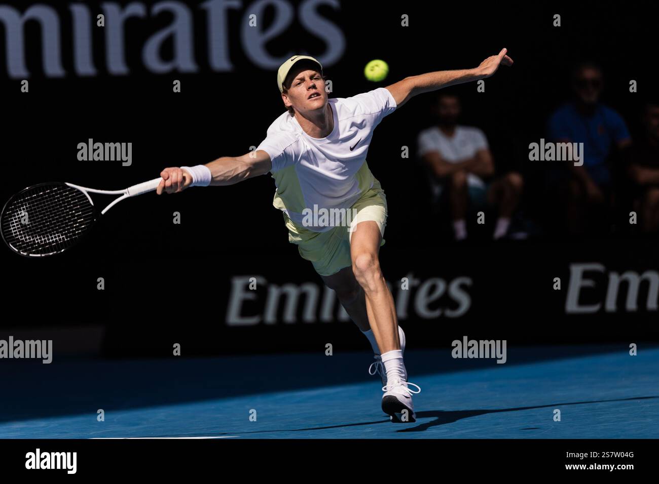 Melbourne, Australia. 20th Jan, 2025. Jannik Sinner hits a return during the men's singles 4th ...