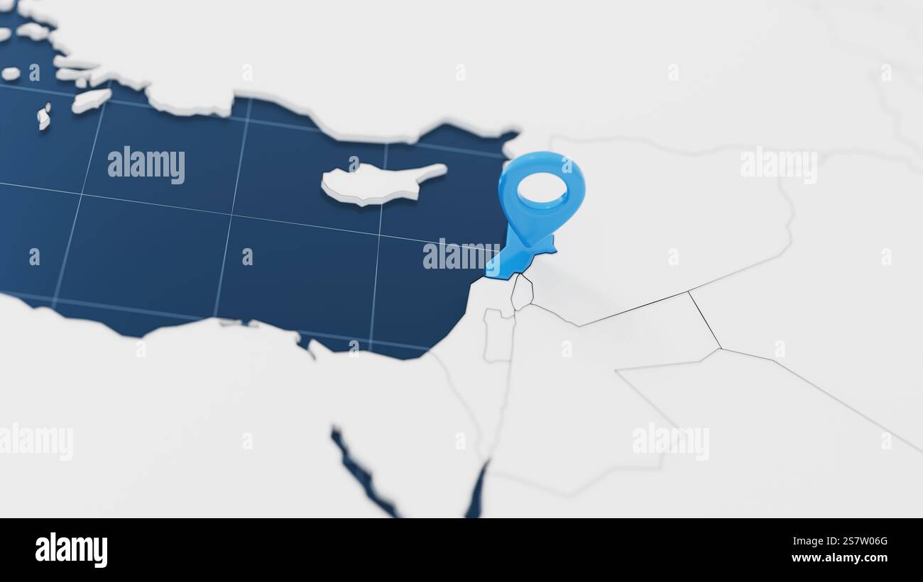 Blue Lebanon 3d map with pointer pin surrounded with other countries in ...