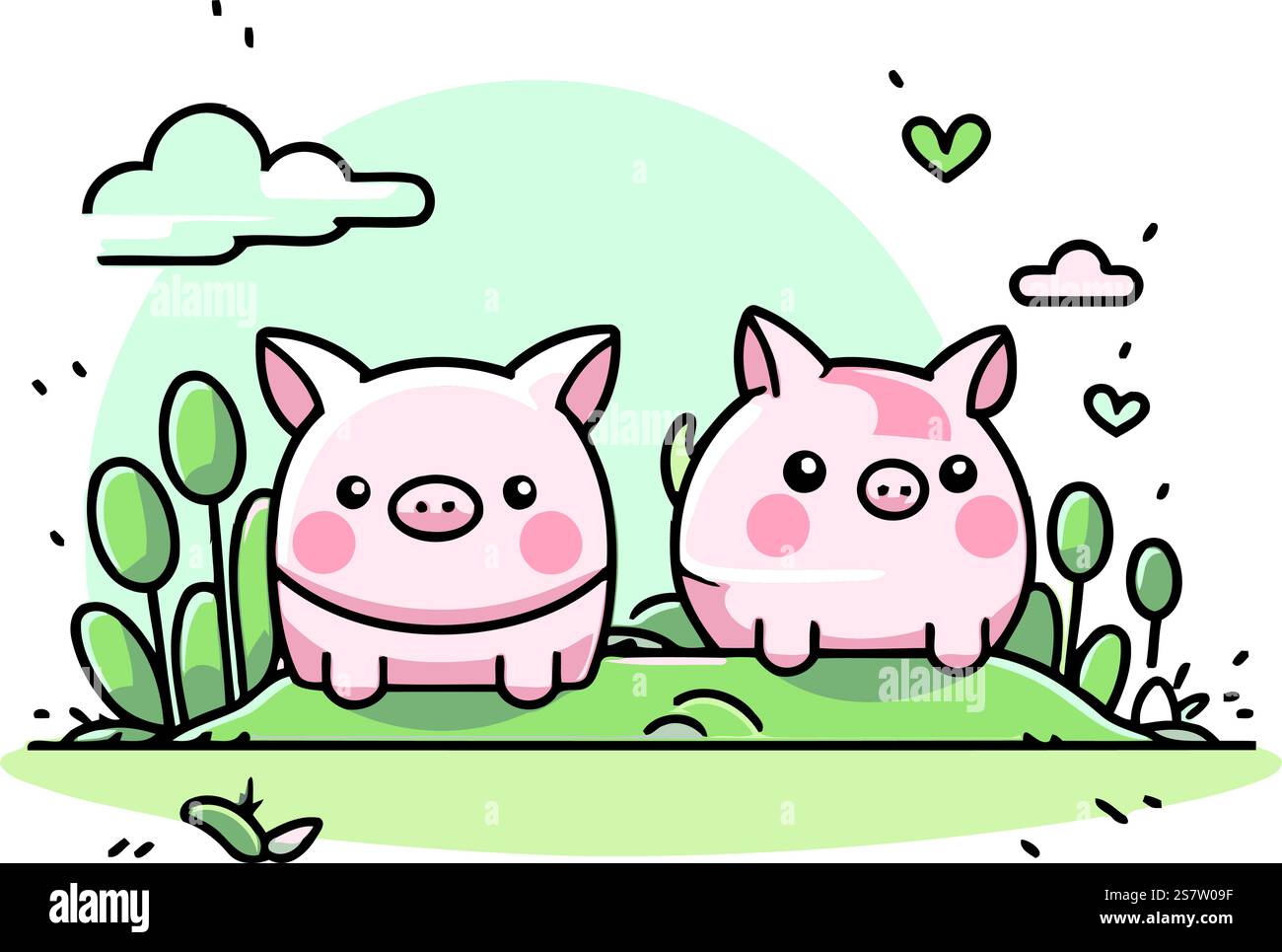 Vector illustration of two cute pigs in the grass. Isolated on white ...