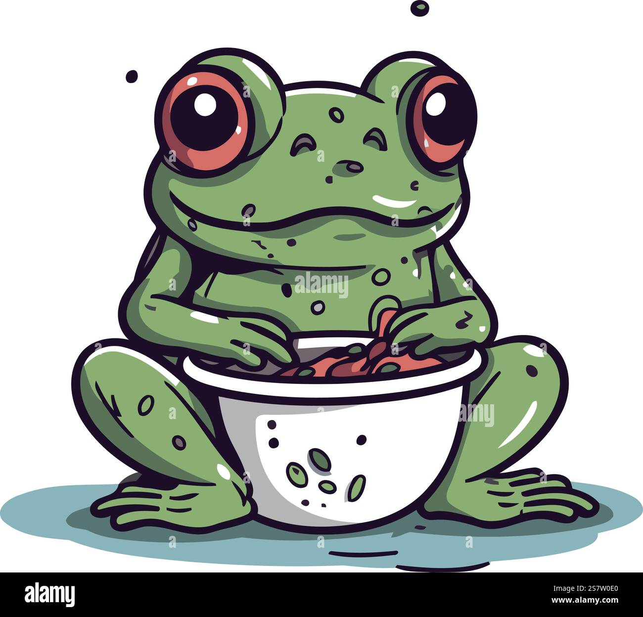 Frog eating from a bowl. Vector illustration on white background Stock ...