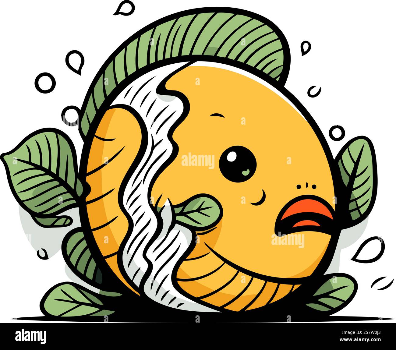 Illustration of a cartoon chicken with green leaves. Vector ...