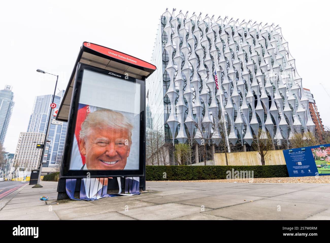 London, UK. 20 JAN, 2025 Shredded sign of the president elects face on ...