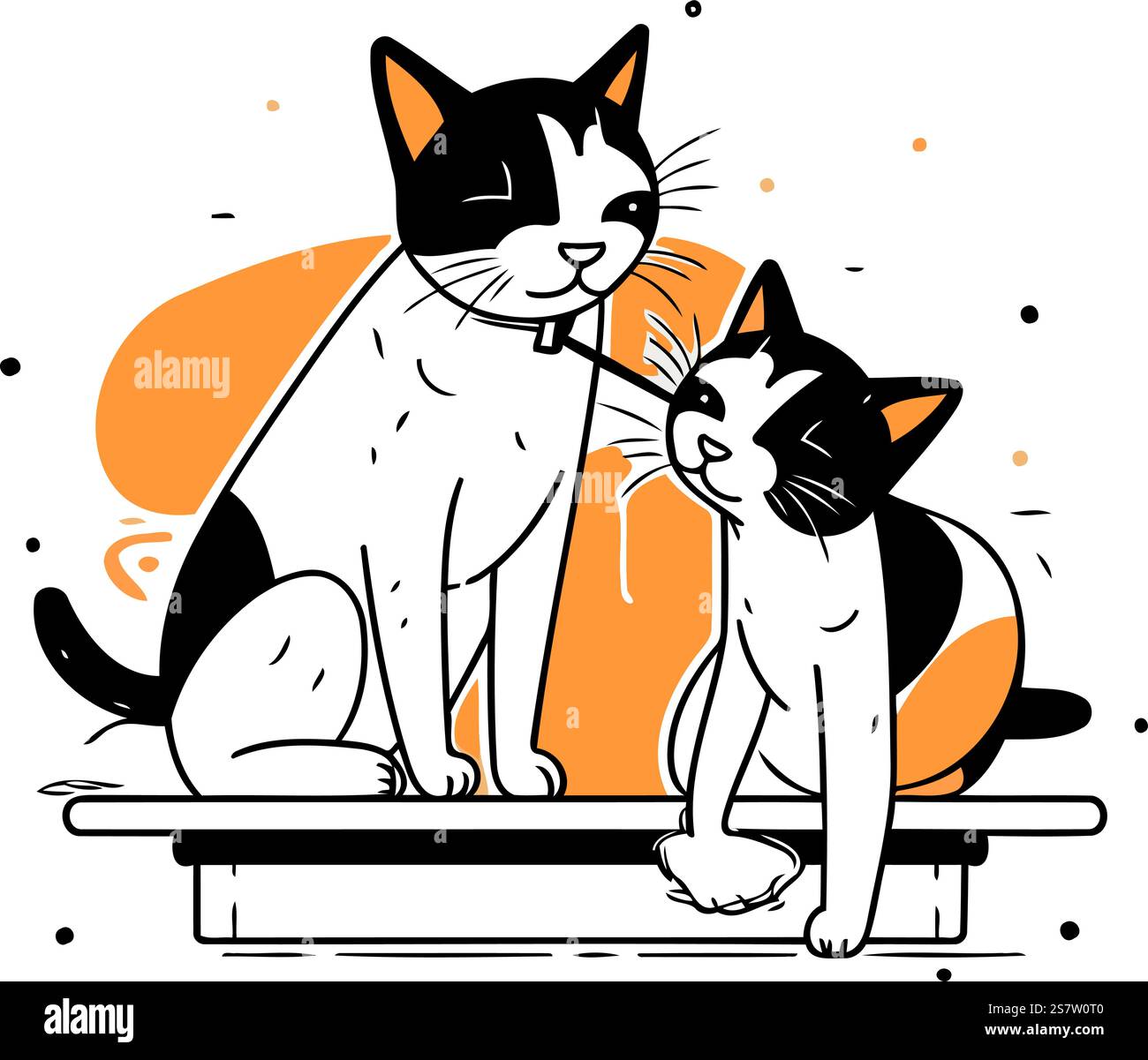 Vector illustration of two cats sitting on a bench and playing with ...