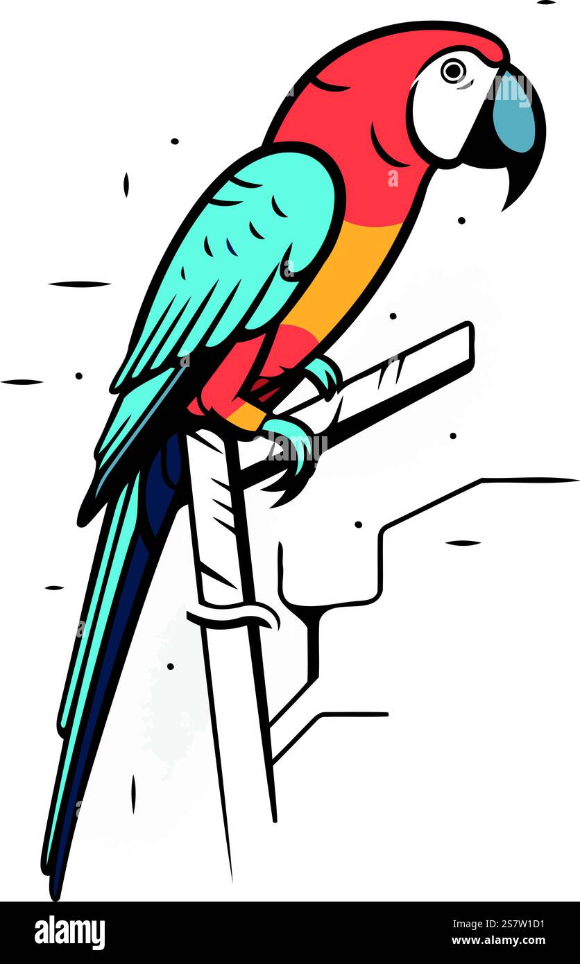 Parrot sitting on a perch. Hand drawn vector illustration Stock Vector ...