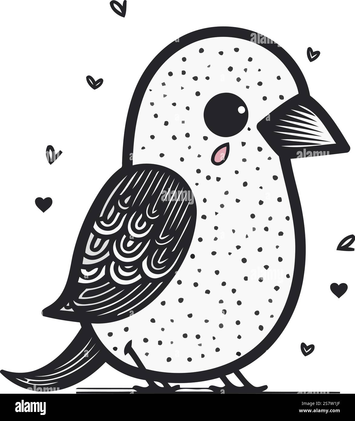 Cute little bird with hearts. Hand drawn vector illustration in cartoon ...