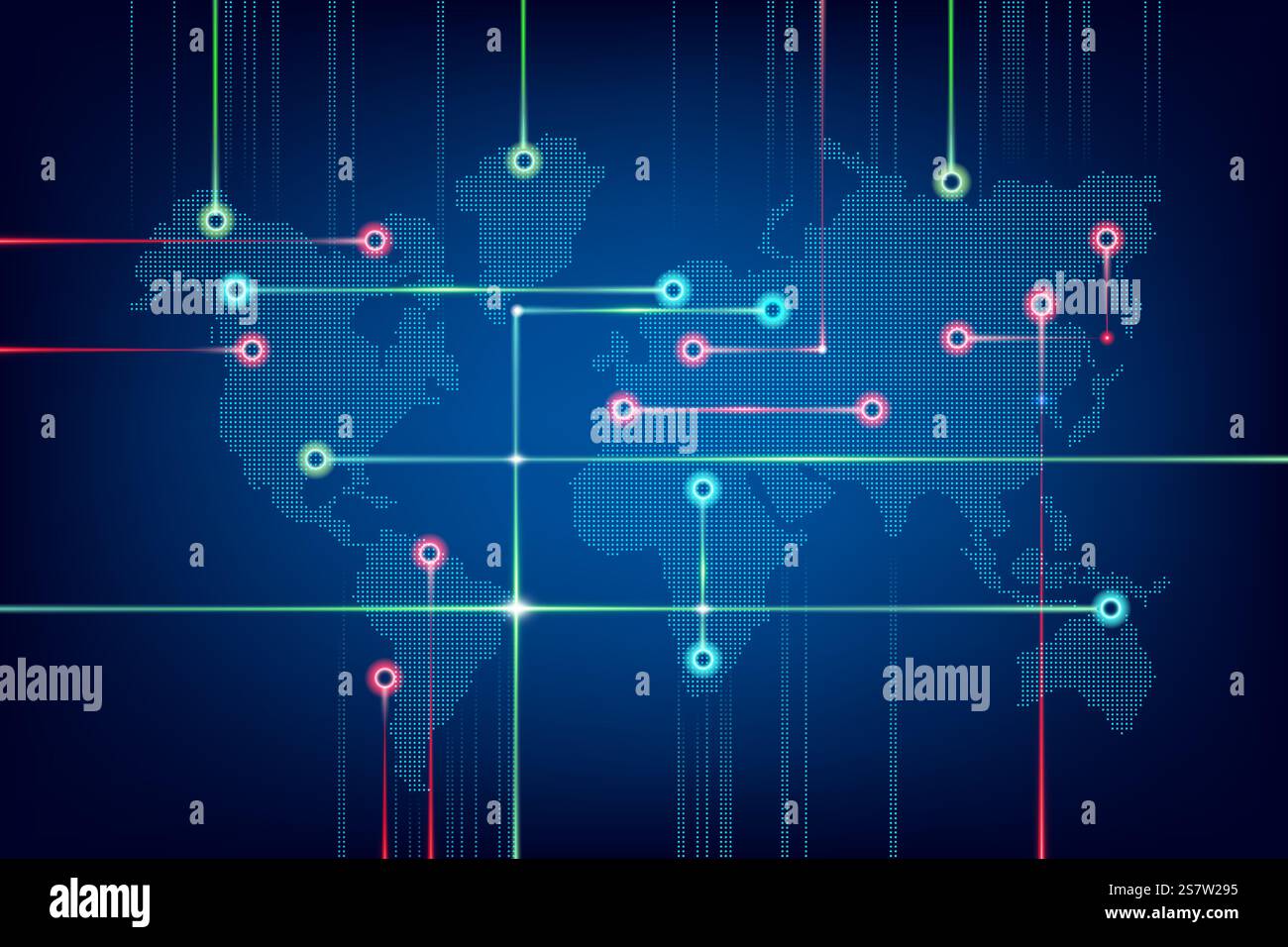 Abstract digital world map with interconnected points and glowing lines. International ...