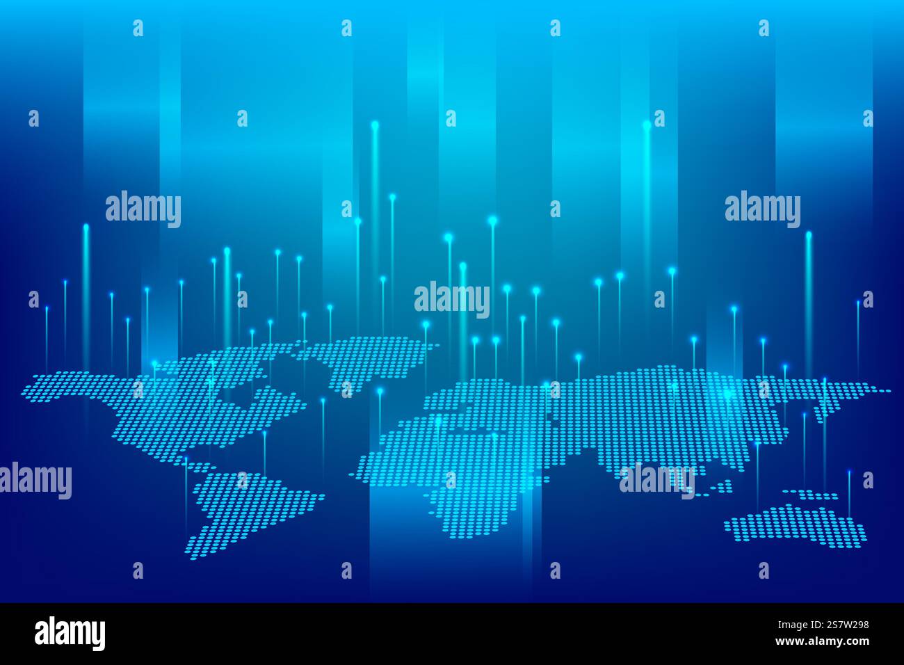 Bright world map formed by glowing points and vertical lines. Digital ...