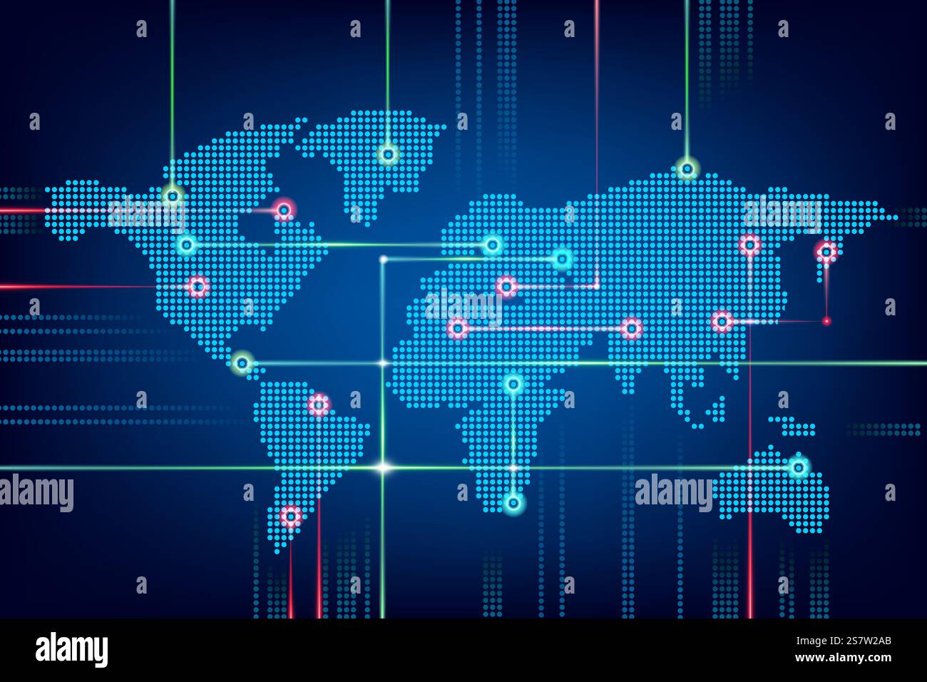 High-tech world map with glowing points and connected lines, showcasing global digital ...