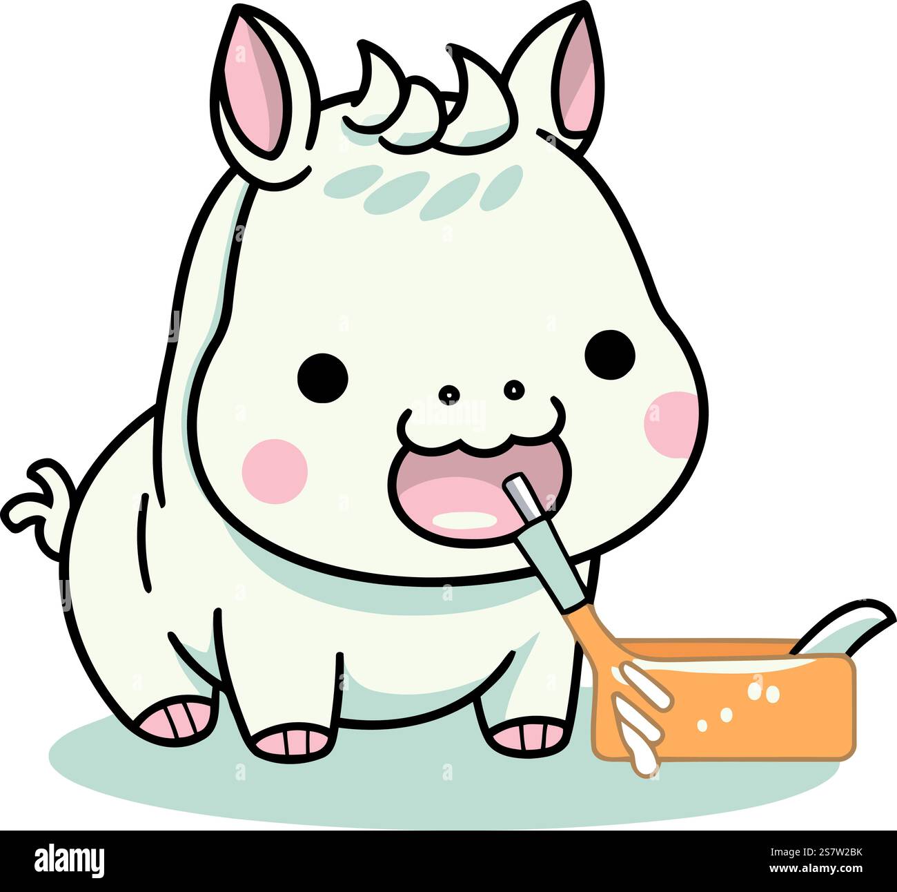 Cute cartoon white horse eating food from a bowl. Vector illustration ...