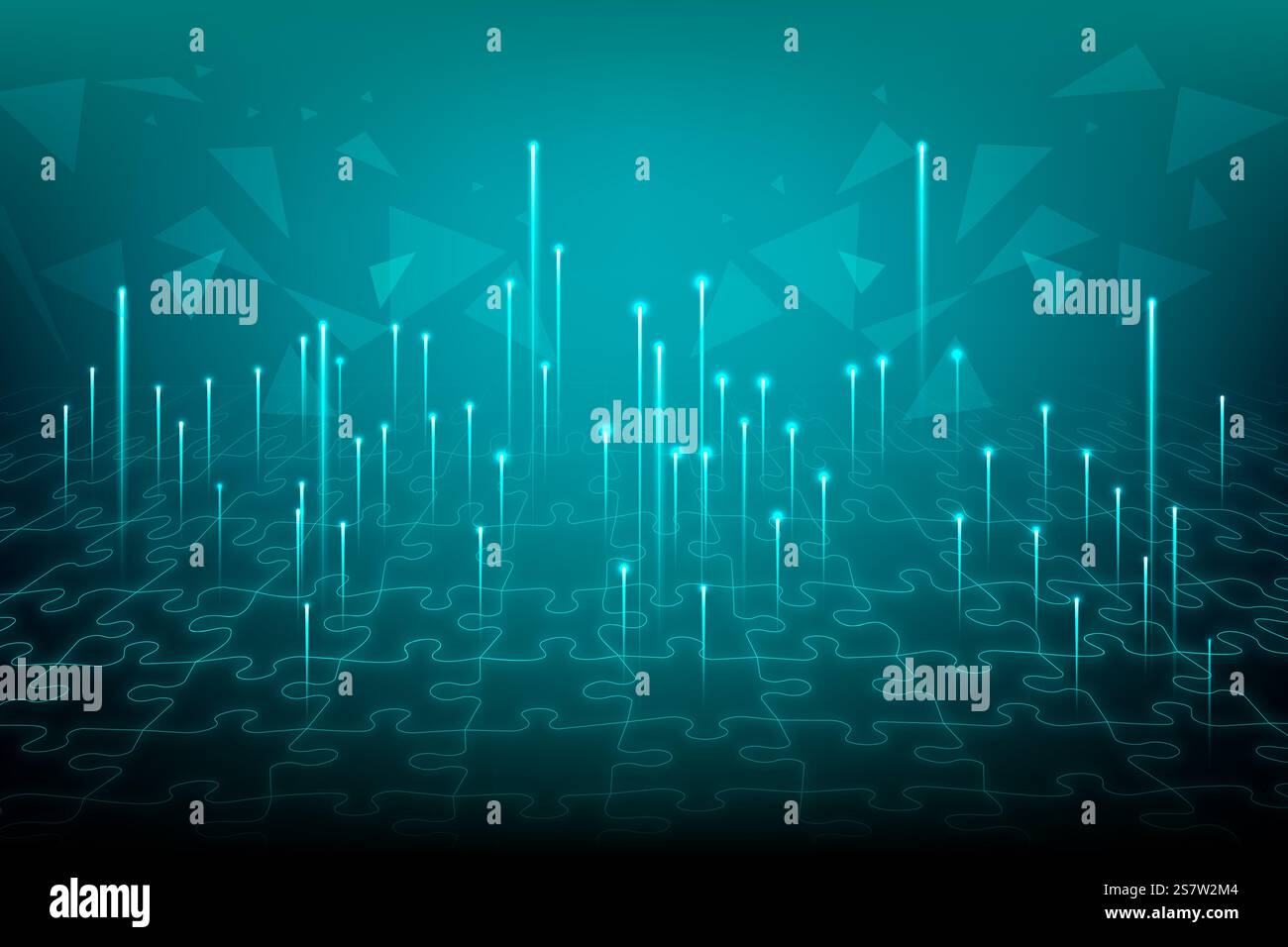 Glowing vertical lines emerging from puzzle grid, symbolizing the rise ...