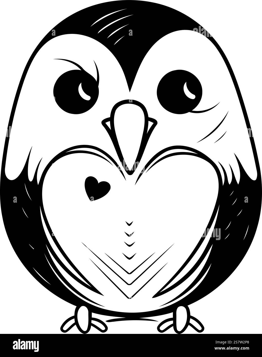 Owl with heart in his beak. Black and white vector illustration Stock ...